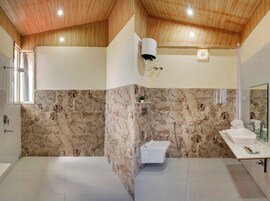 Um polibã, um chuveiro fixo, artigos de higiene pessoal grátis 