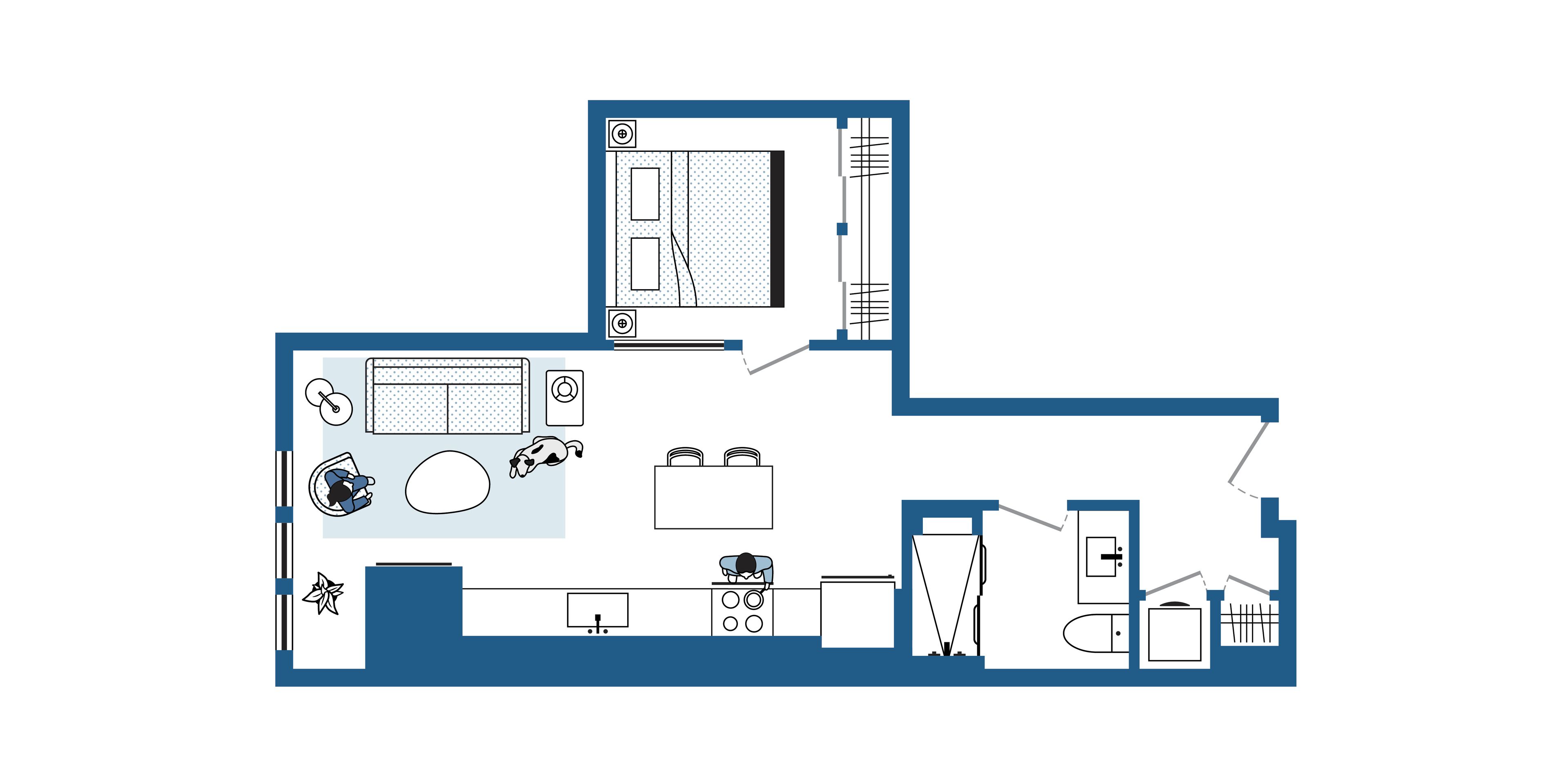 Planta baixa de um quarto de hotel com cozinha compacta, área de estar com sofá e mesa de centro, e um banheiro pequeno.