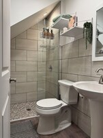 Um chuveiro fixo, artigos de higiene ecológicos, um secador de cabelo 