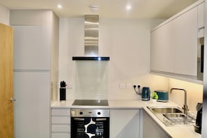 Um frigorífico, um micro-ondas, um forno, uma placa de cozinha