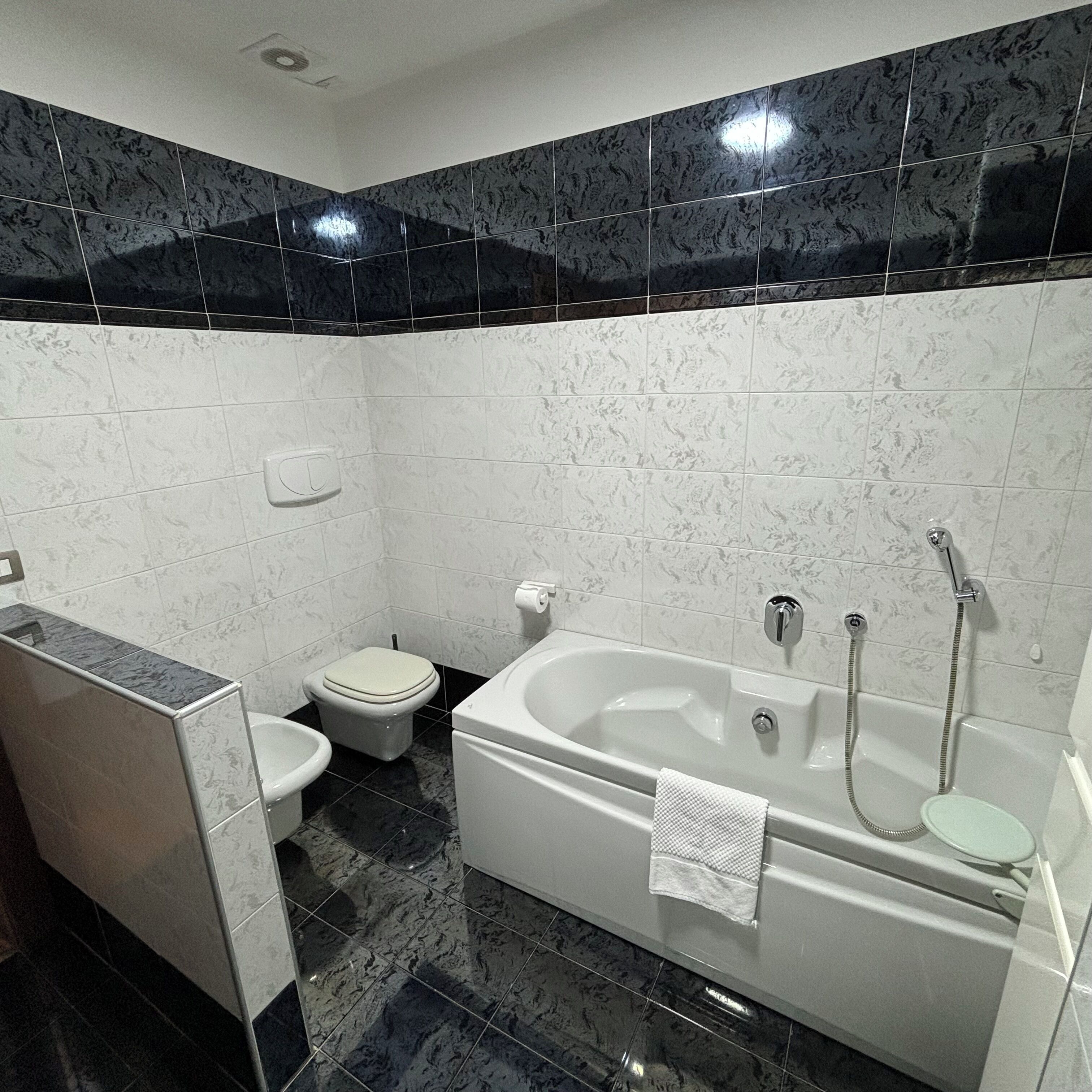 Uma casa de banho moderna com banheira, sanita e bidé.