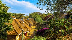 Uma fileira de casas tradicionais com telhados inclinados, cercada por vegetação exuberante e plantas floridas.