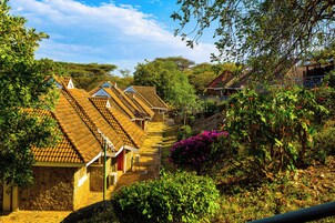 Uma fileira de casas tradicionais com telhados inclinados, cercada por vegetação exuberante e plantas floridas.