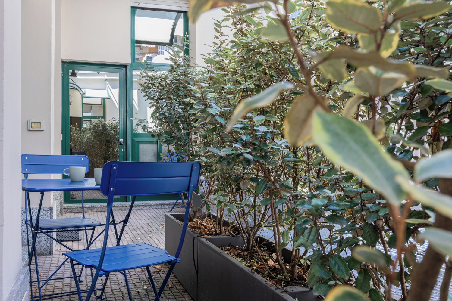 Área de estar ao ar livre com cadeiras azuis e uma mesa, cercada por vegetação e entrada de um edifício.