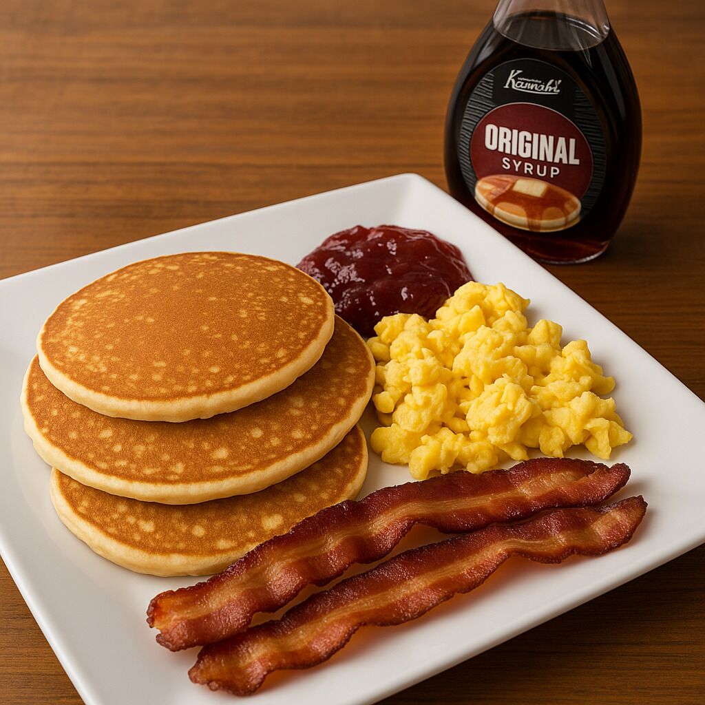 Prato de café da manhã com panquecas, ovos mexidos, bacon e geleia.
