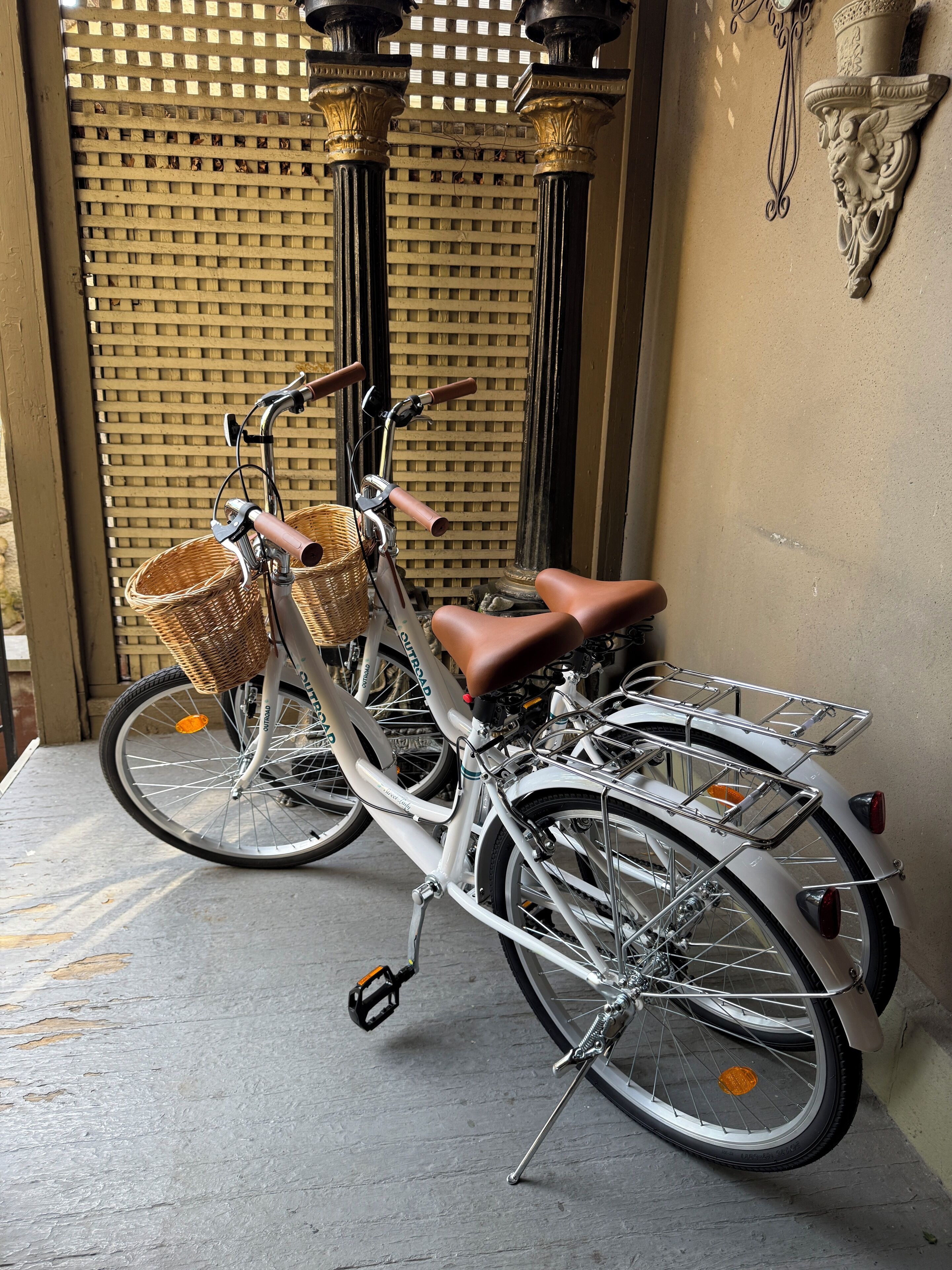Uma bicicleta com cesto e selim de couro encostada a uma parede com padrão de treliça.