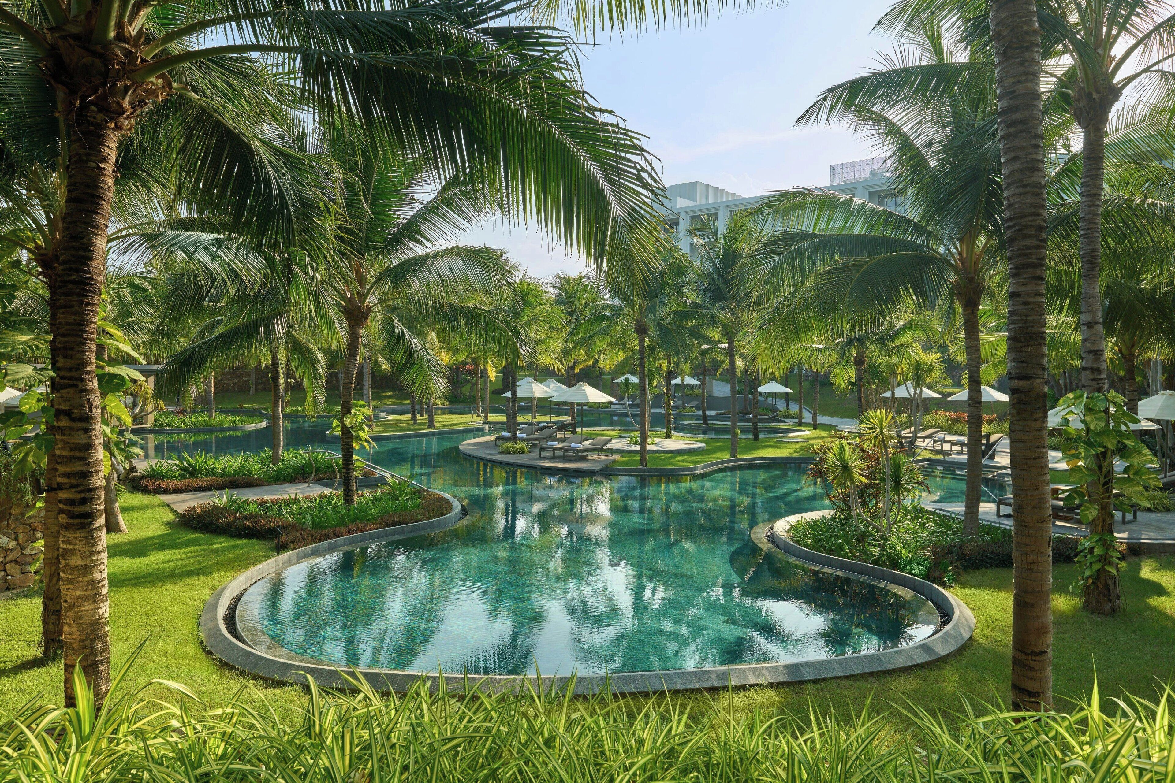 Piscina cercada por palmeiras e espreguiçadeiras, com um edifício moderno ao fundo.