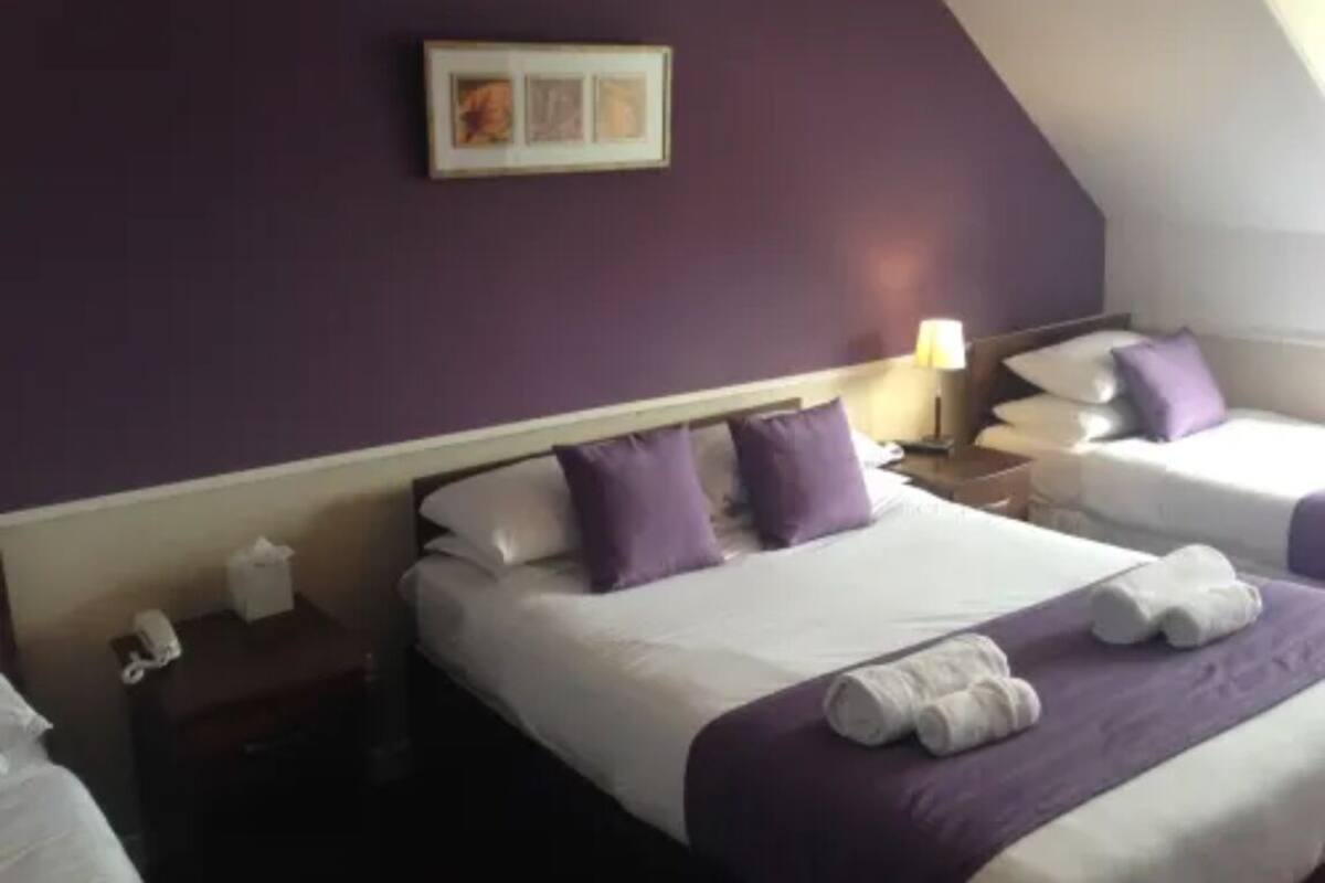 Quarto de hotel com duas camas, roupa de cama roxa, mesa de cabeceira com telefone e quadro na parede.