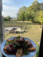 Um prato de comida com vista para uma área externa gramada e árvores ao fundo.