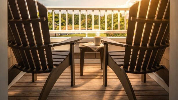 Um deck de madeira com duas cadeiras Adirondack viradas para um corrimão, com vista para uma paisagem verde.