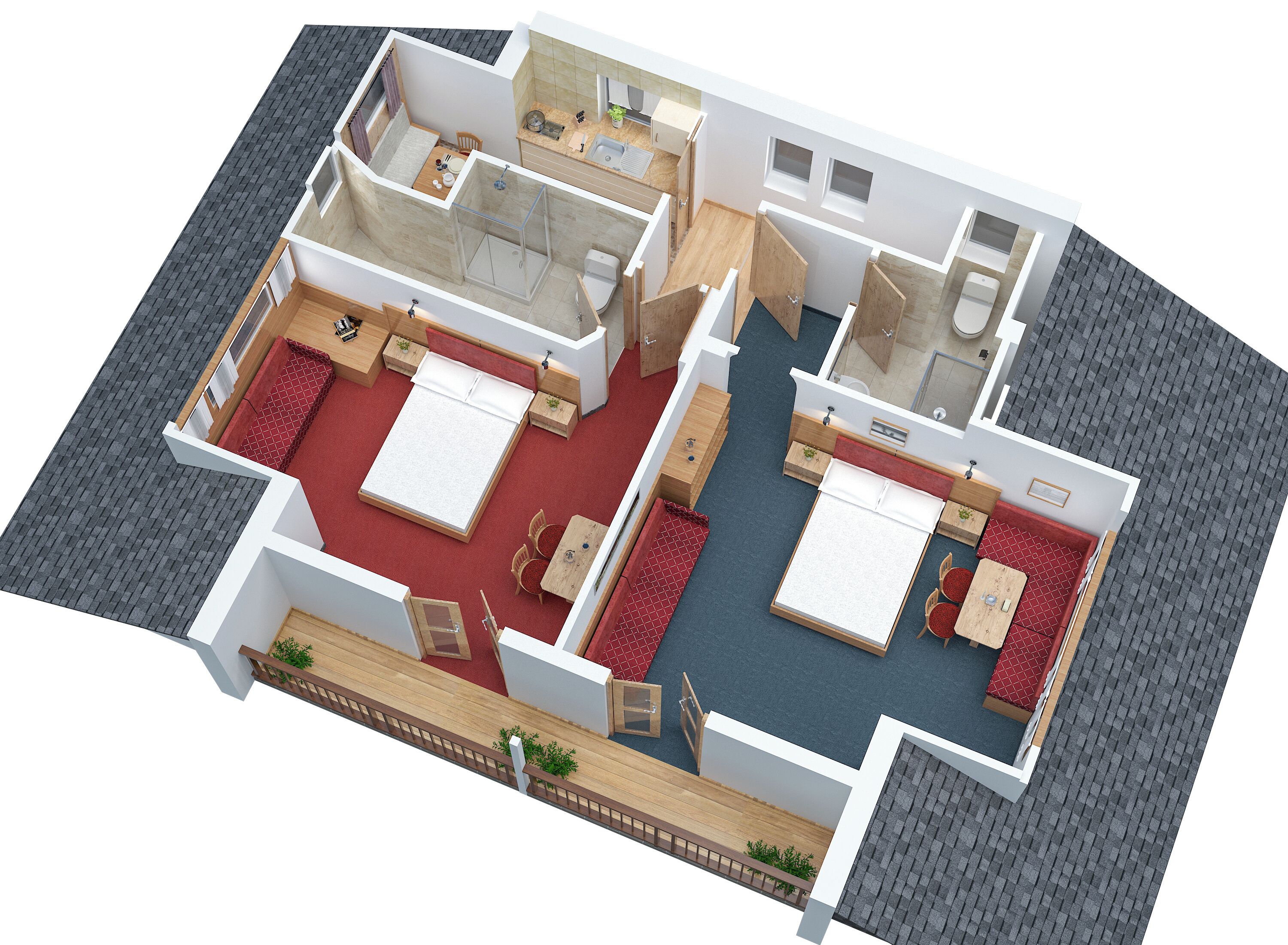 Modelo 3D de um apartamento moderno com dois quartos, um banheiro, uma cozinha e uma varanda pequena.