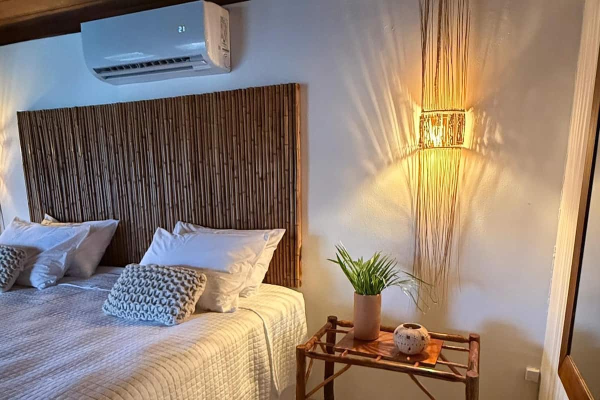 Quarto com cama, mesa de cabeceira com uma planta e luminária na parede.