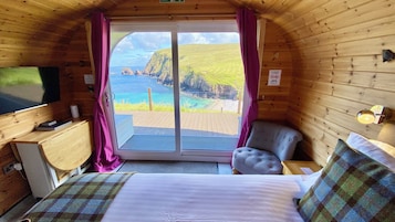 Quarto de cabana com uma cama, uma cadeira, uma escrivaninha e uma televisão.