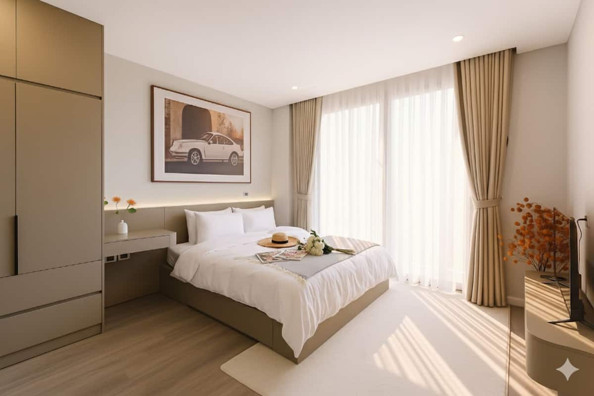 Quarto moderno com uma cama grande, um guarda-roupa, um quadro na parede e uma janela com cortinas.