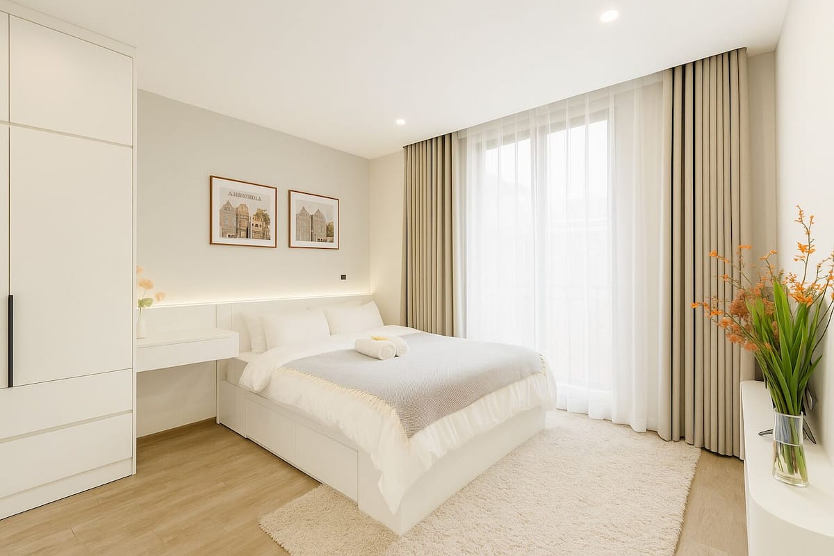 Quarto moderno com cama, mesa de cabeceira, guarda-roupa e janela com cortinas.