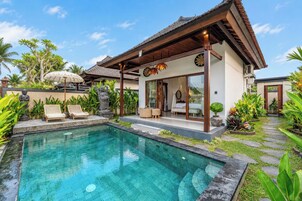 Uma casa moderna com piscina, área de estar externa e plantas tropicais.