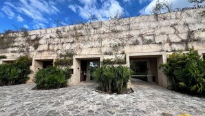 Um pátio com piso de pedra, parede de concreto com vegetação e céu claro.