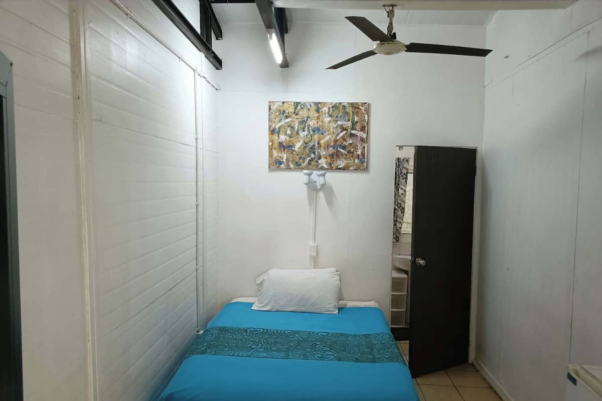 Um quarto pequeno e estreito com uma cama de solteiro, um ventilador de teto e um quadro pendurado na parede.