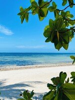 Uma praia com águas azul-claras e areia branca, cercada por vegetação verde exuberante.