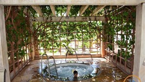 Área de hidromassagem com pérgola de madeira e trepadeiras, cercada por piso de pedra.