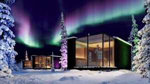 Um edifício moderno de vidro com uma pessoa no interior, rodeado por árvores cobertas de neve e a aurora boreal.