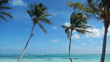 Praia com cadeiras de banho brancas e palmeiras, com vista para um mar azul e transparente.