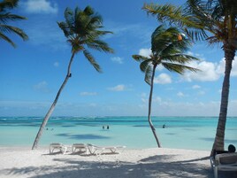 Praia com cadeiras de banho brancas e palmeiras, com vista para um mar azul e transparente.