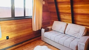 Um quarto aconchegante com paredes de madeira, uma luminária no teto, um sofá e um tapete sobre o piso de madeira.