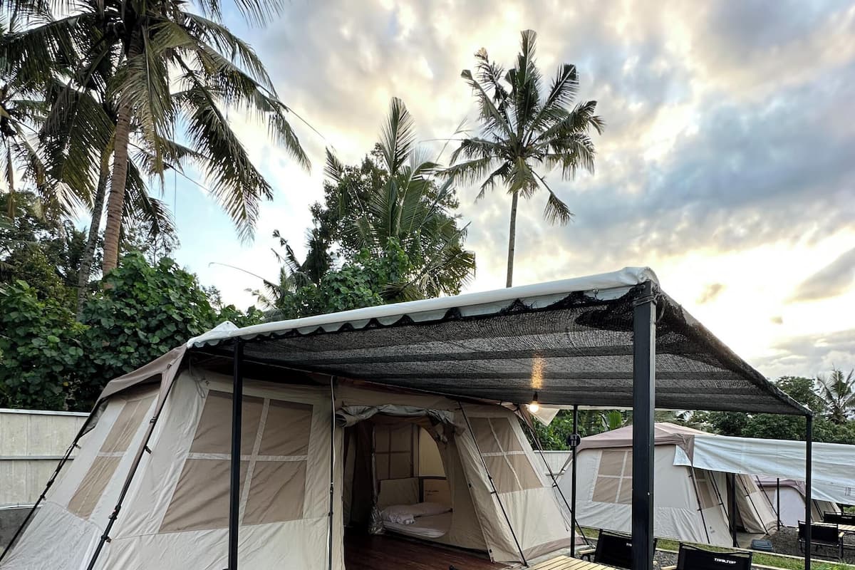 Área de camping com tendas, mesa e cadeiras, cercada por cascalho e palmeiras.