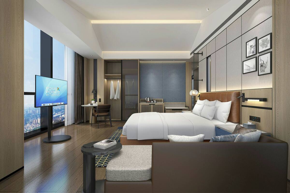Quarto, 1 cama king-size, Vista para a cidade | Camas desdobráveis, roupa de cama fornecida