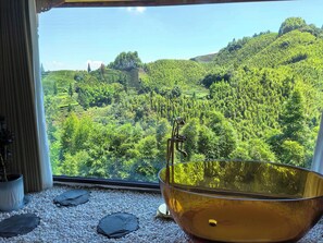 Quarto com uma janela ampla com vista para uma paisagem verde exuberante.