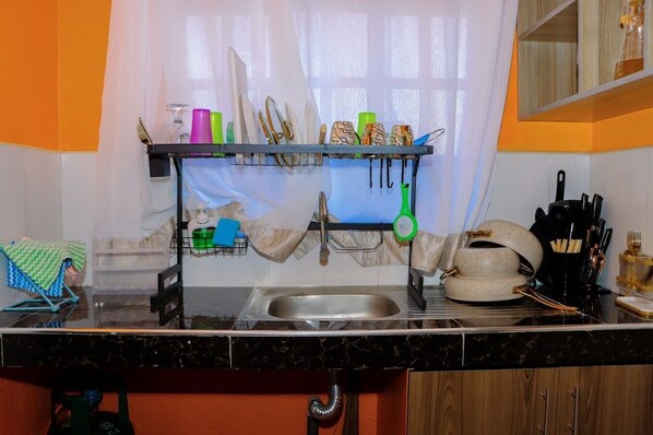 Apartamento Clássico | Cozinha privada | Um frigorífico, um micro-ondas, utensílios de cozinha 