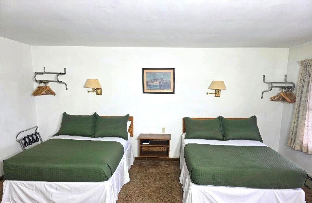 Quarto duplo com duas camas, cada uma com roupa de cama verde, uma pequena mesa de cabeceira, duas luminárias fixadas na parede, um quadro emoldurado na parede e um cabideiro.