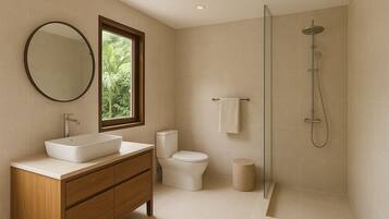 Um polibã, toalhas fornecidas, sabão, champô