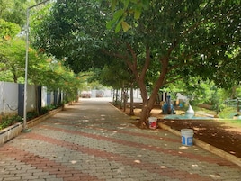 Uma trilha pavimentada ladeada por árvores e um muro de um lado, conduzindo a um edifício ao longe.