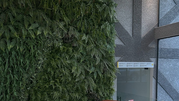 Um lobby moderno com um jardim vertical verde, duas poltronas marrons, uma mesa redonda pequena e um elevador de vidro.