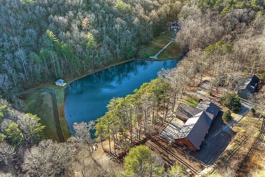 Vista aérea de uma propriedade à beira de um lago, com uma cabana, um píer e uma área arborizada.