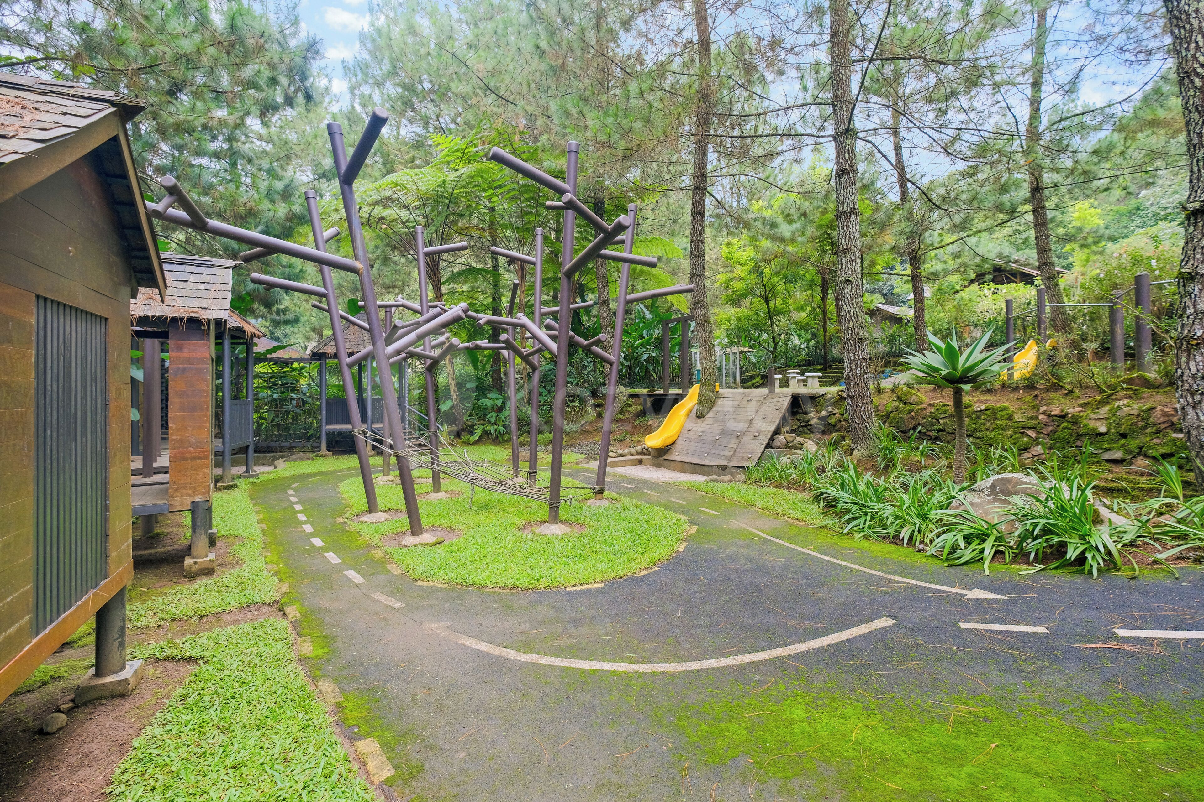 Uma trilha leva a um edifício com fachada rústica, rodeado por vegetação e árvores.