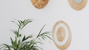 Parede com cestos de fibra e um vaso de planta.