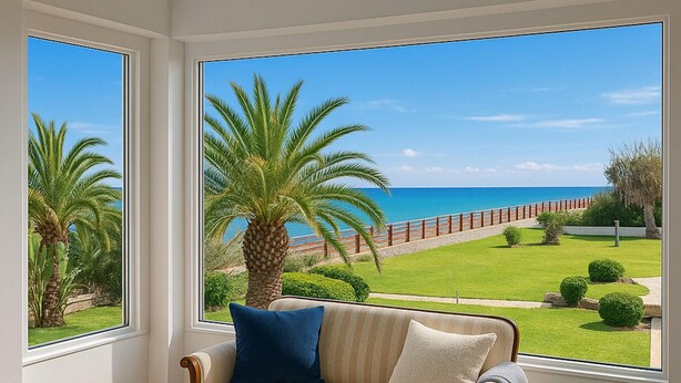 Quarto com uma grande janela que oferece vista para uma praia, palmeiras e um caminho.
