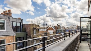 Terraço no telhado com vista para edifícios circundantes, uma parede de tijolos e um guarda-corpo de metal.