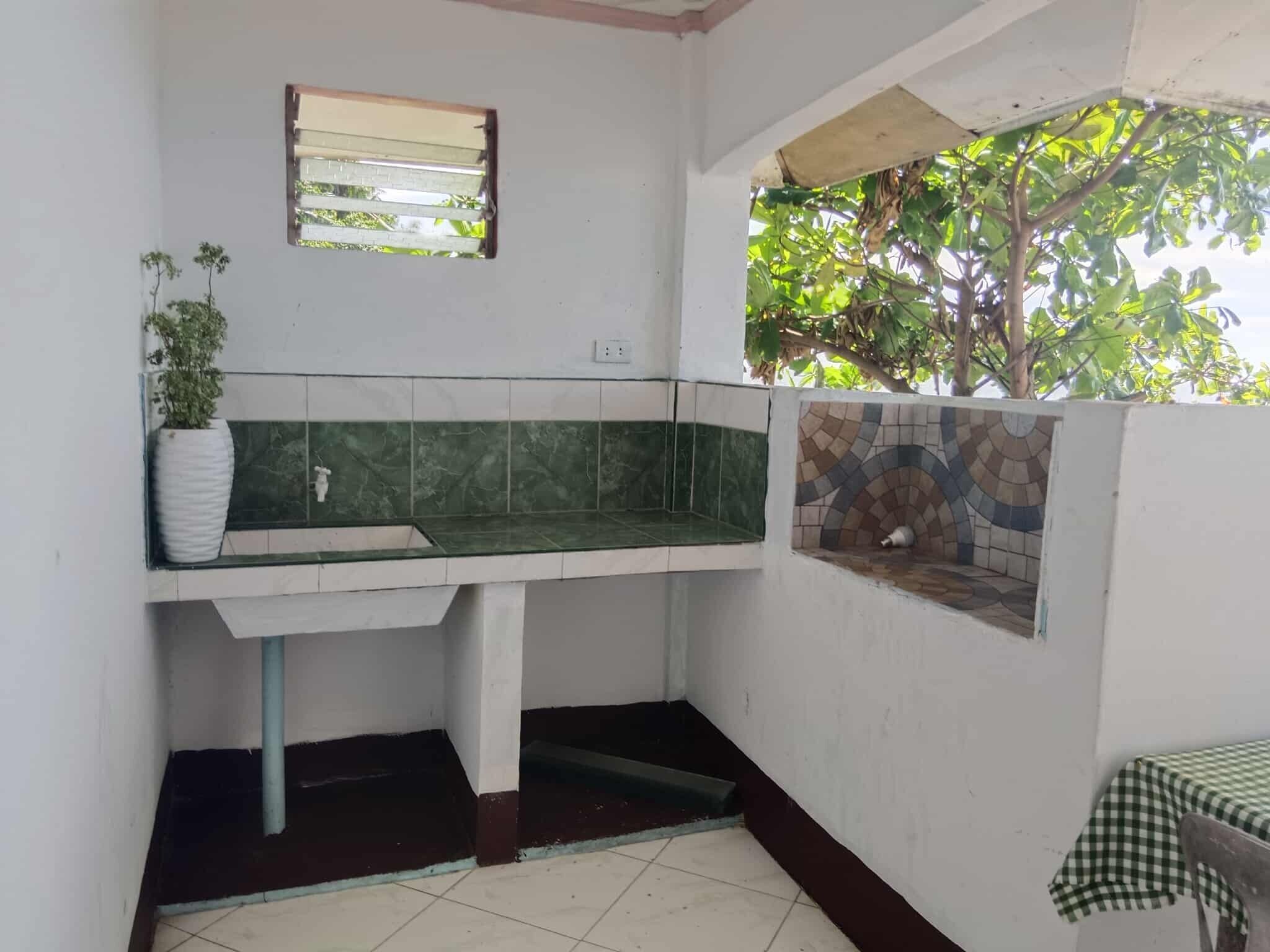 Um banheiro com pia, uma planta em vaso, painel de azulejos e janela com vista para o verde.