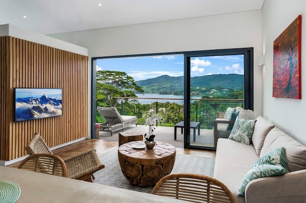 Villa de Luxo, 1 cama king-size e sofá-cama, piscina privativa, vista para o mar | Sala de estar