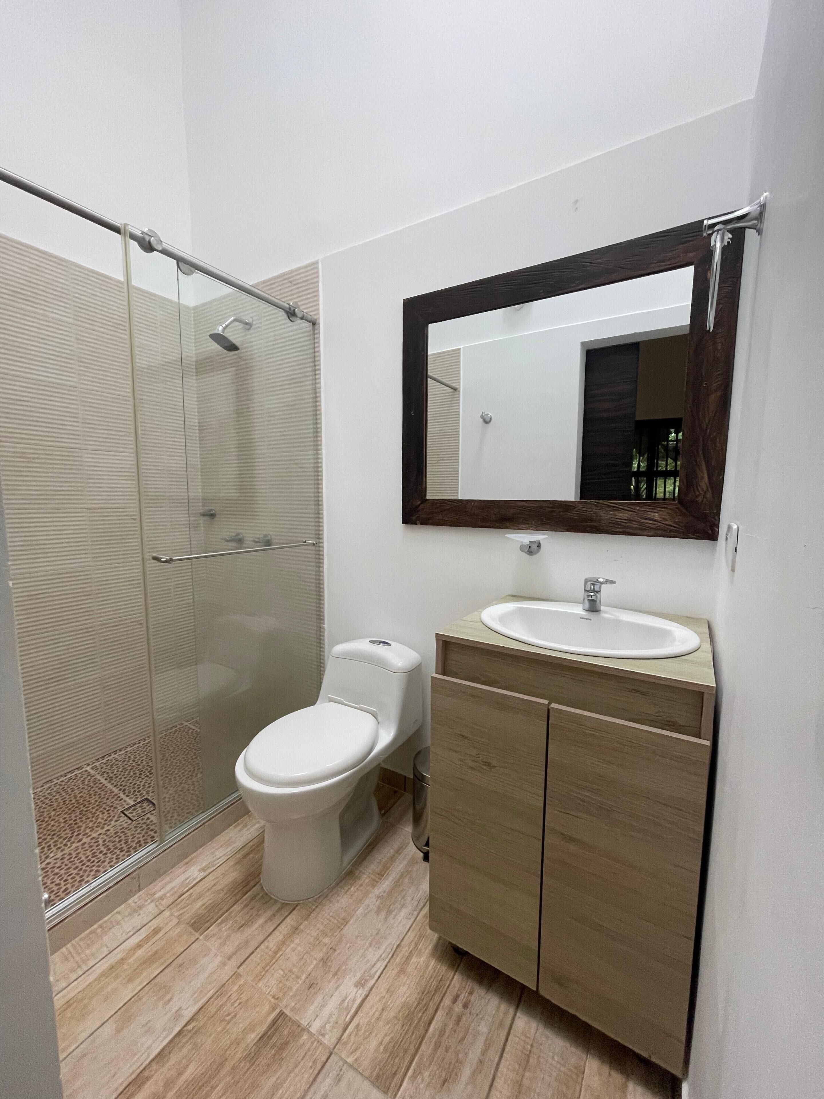 Um banheiro moderno com box de vidro, vaso sanitário branco, toucador de madeira com pia e espelho com moldura escura.