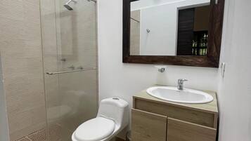 Um banheiro moderno com box de vidro, vaso sanitário branco, toucador de madeira com pia e espelho com moldura escura.