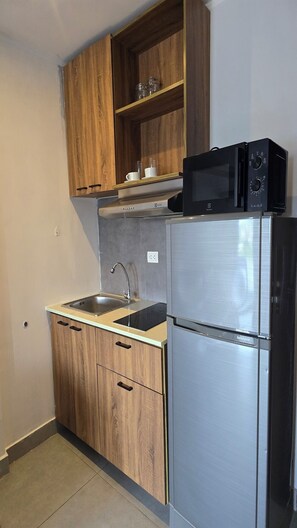 Apartamento, sacada, vista para a cidade | Cozinha privada | Geladeira, micro-ondas, cooktop, talheres/pratos/utensílios de cozinha