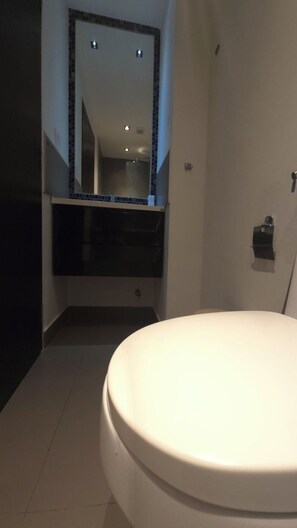 Apartamento, sacada, vista para a cidade | Banheiro | Chuveiro, secador de cabelo, toalhas de banho, papel higiênico
