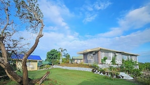 Uma casa com um gramado amplo e uma árvore em primeiro plano.