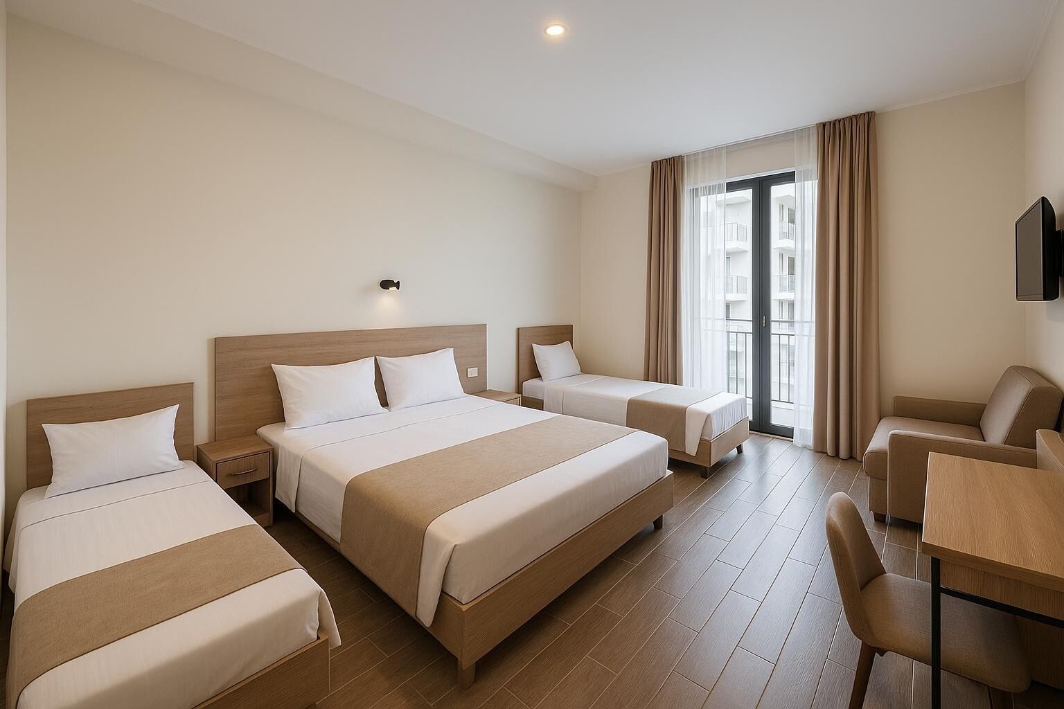 Quarto quádruplo luxo | Escrivaninha, quartos à prova de som, Wi-Fi de cortesia