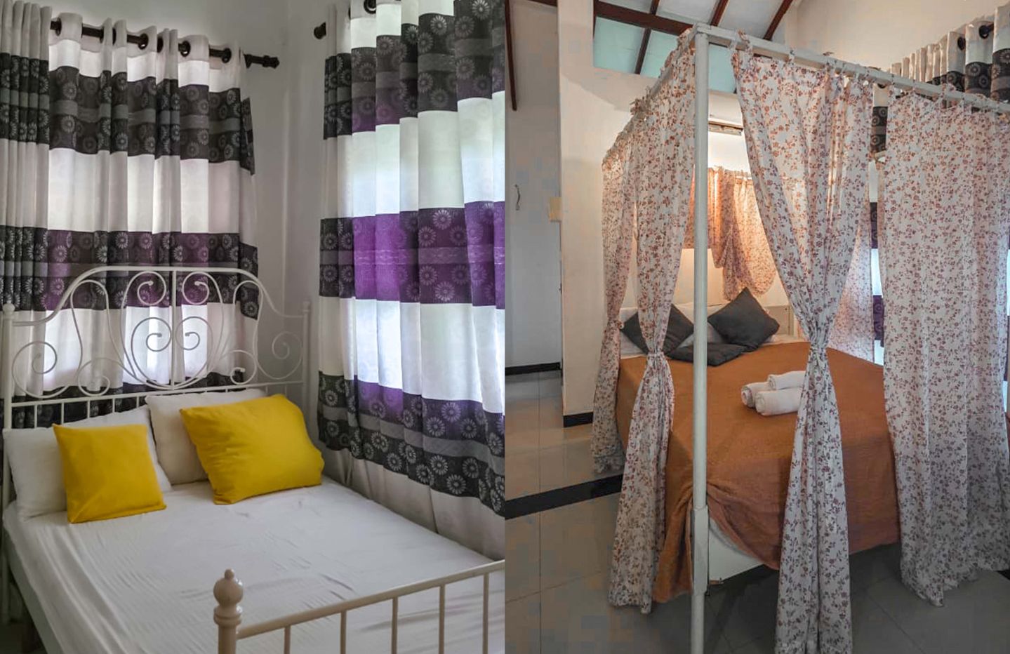 Quarto com cama, duas almofadas e dossel com cortinas florais.